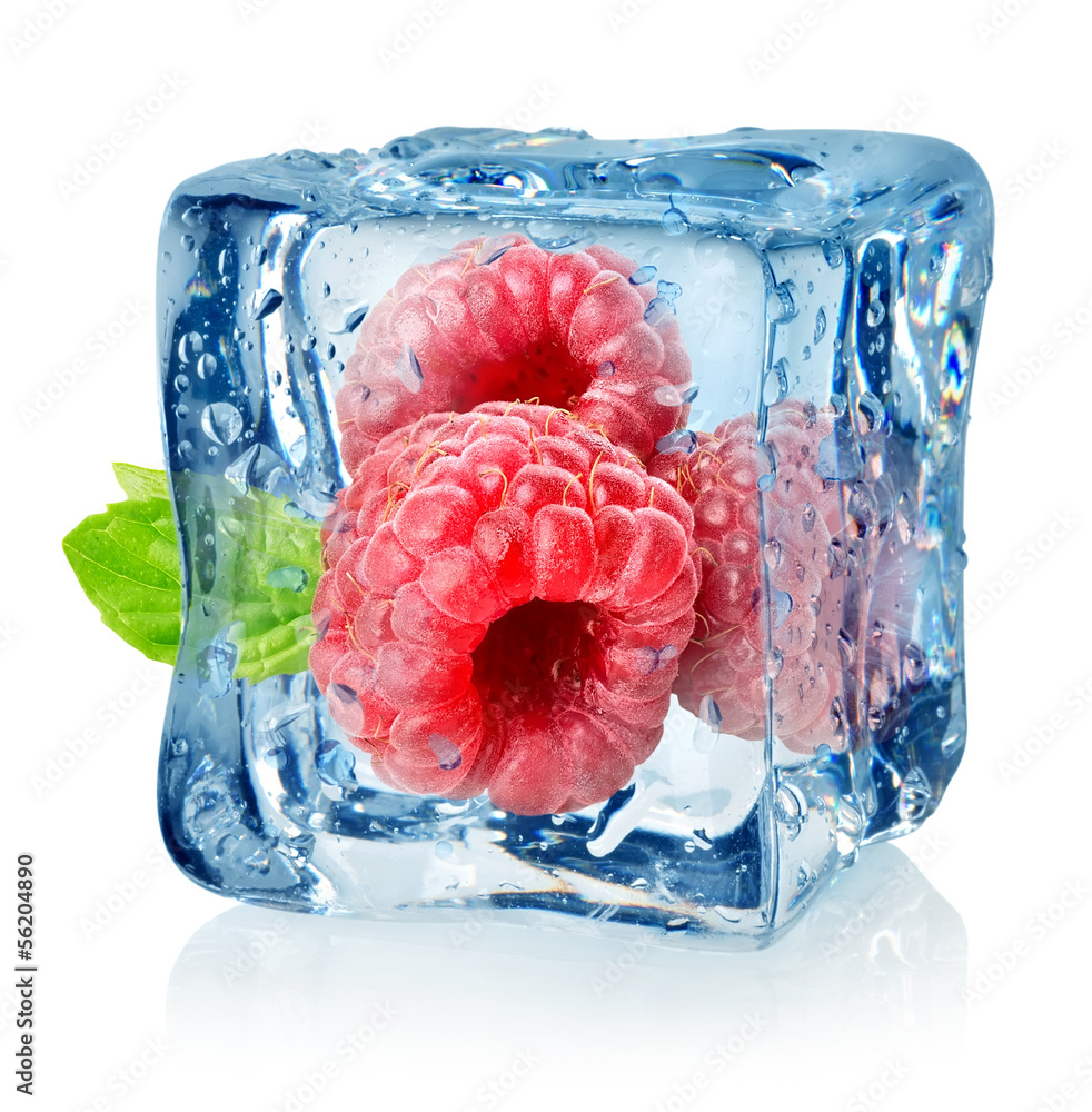 Ice cube and raspberries isolated Stock Photo | Adobe Stock
