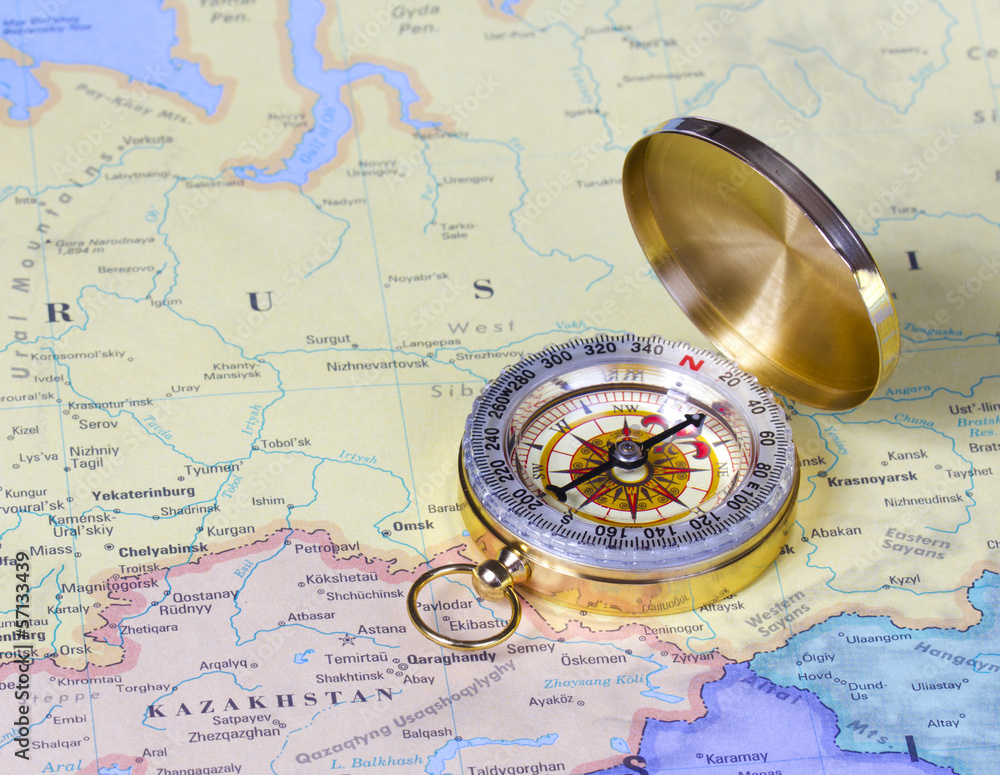 gold compass on map of Russia Stock Photo | Adobe Stock