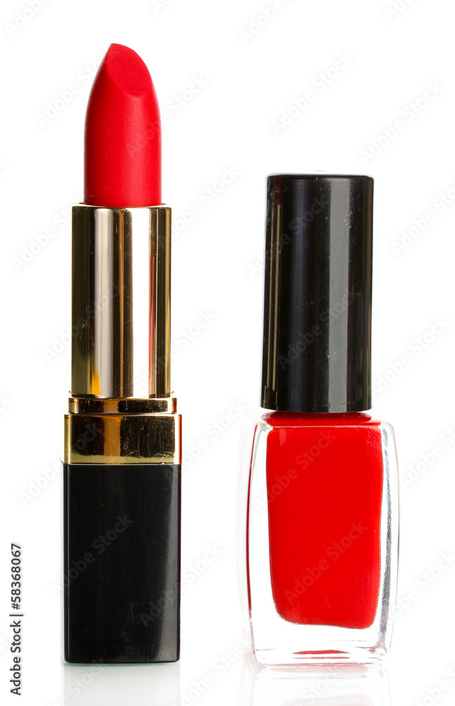 Beautiful red lipstick and nail polish isolated on white Stock Photo ...