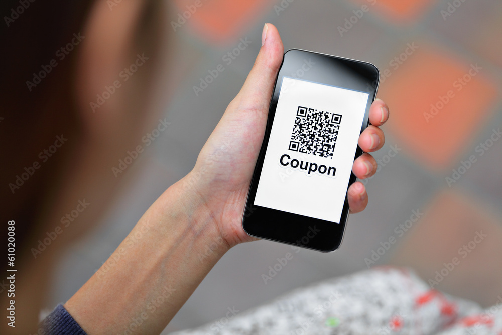 Coupon QR code on smart phone Stock Photo | Adobe Stock