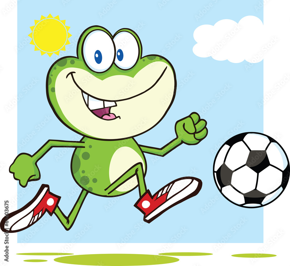 Cute Green Frog Cartoon Character Playing With Soccer Ball Stock Vector ...