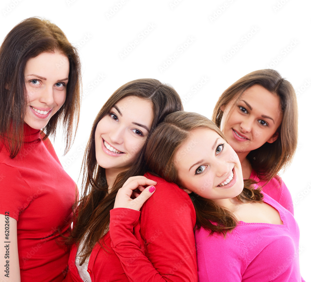 girls in red, group of four young happy smiling women in red clo Stock ...