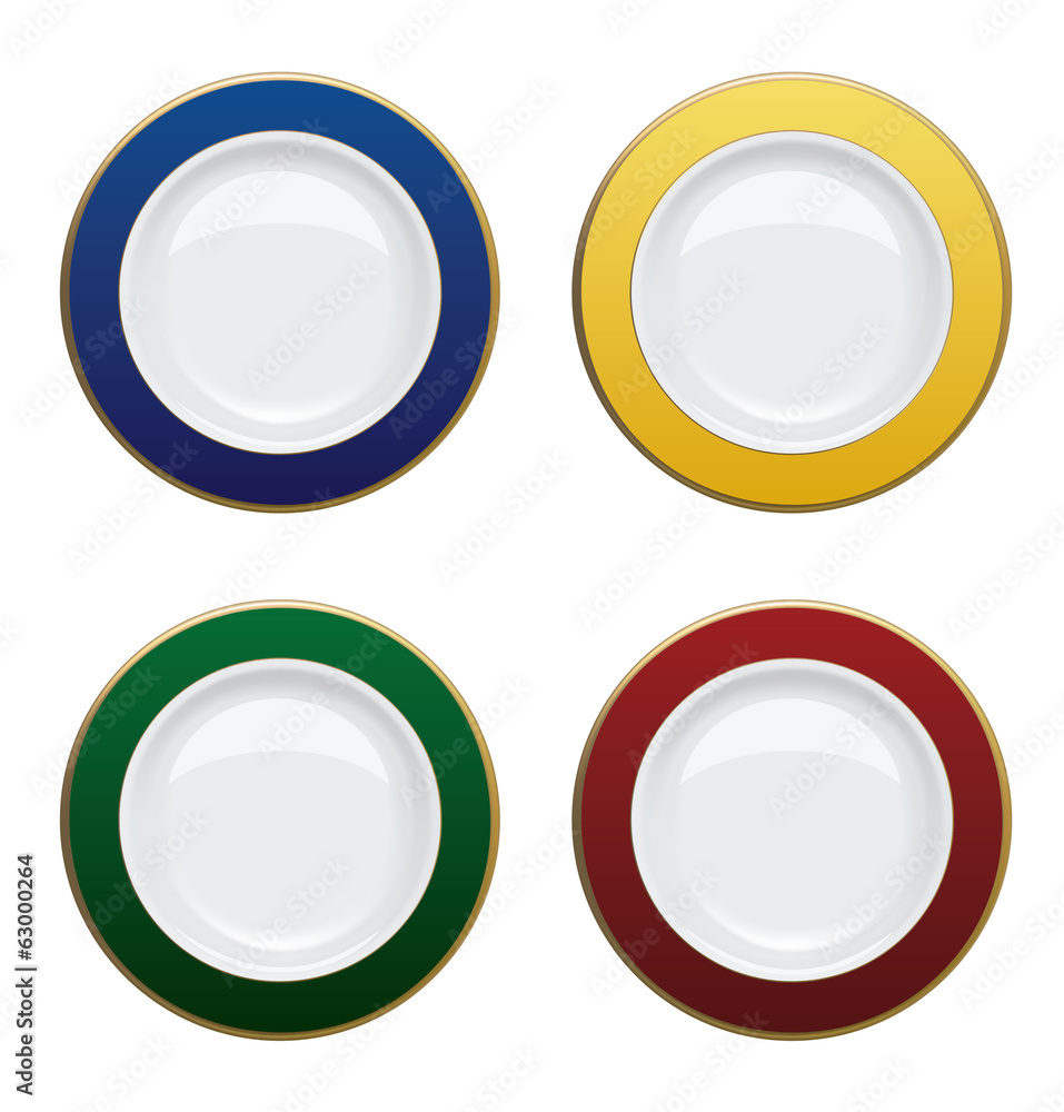Colorful plate with gold rims on white background. Vector illust Stock ...