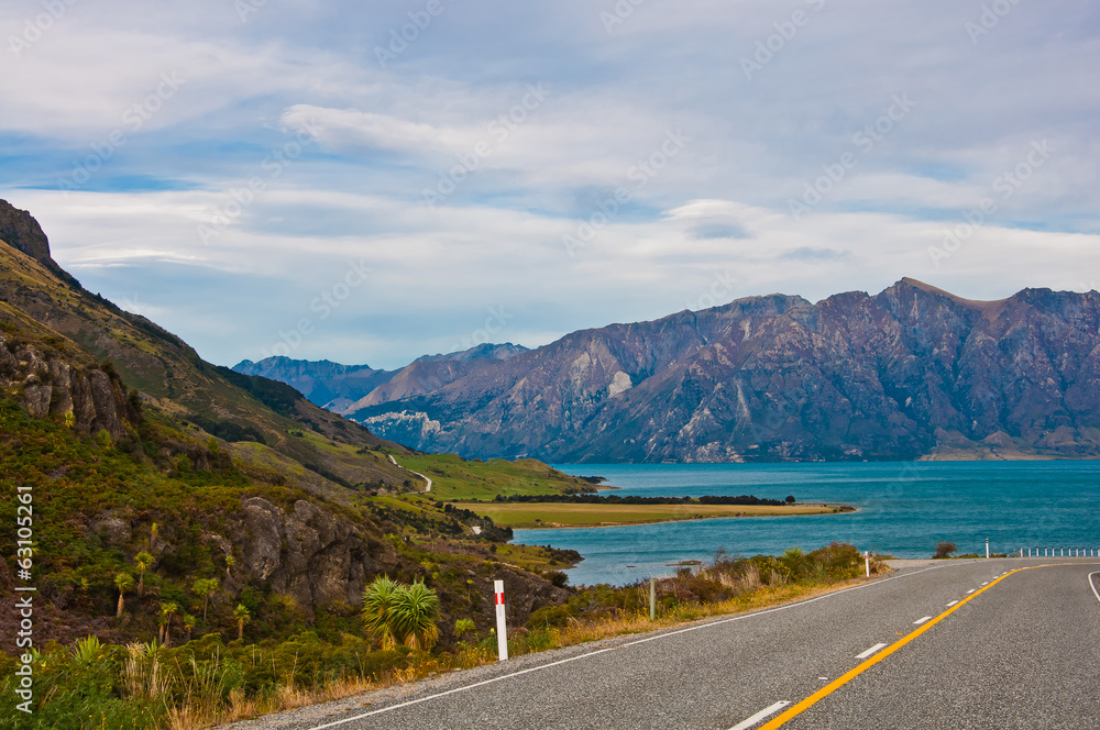 perspective of highway road freeway to lake Hawea in Wanaka New Stock ...