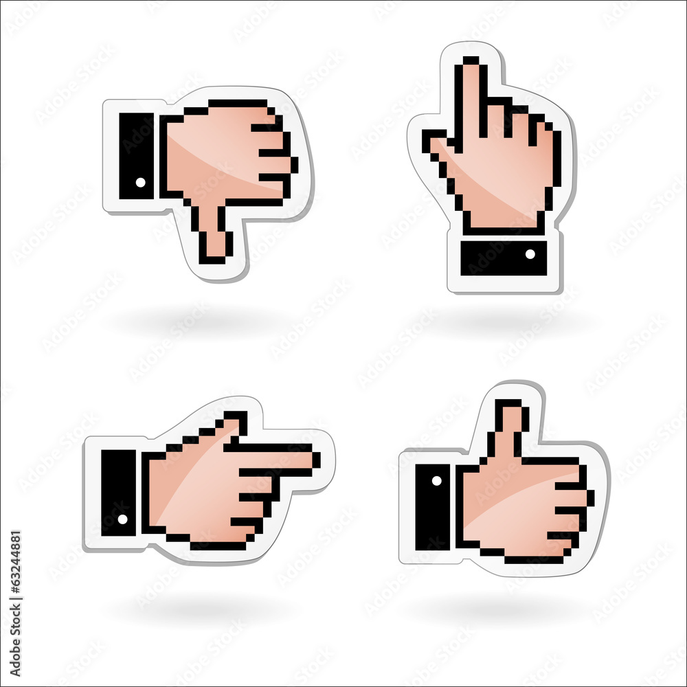 Pixel cursors icons: hand, arrow and heart. Vector illustration. Stock ...