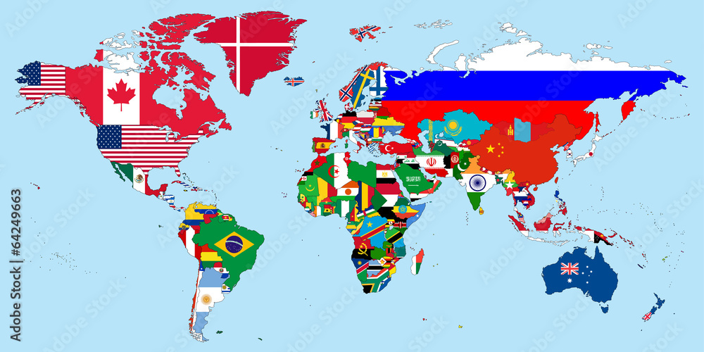 Illustration of the countries national flags on the world map Stock ...