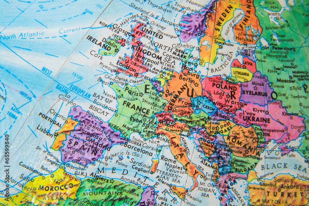 World Globe Map close up of Europe. concept tariffs, interest rates ...