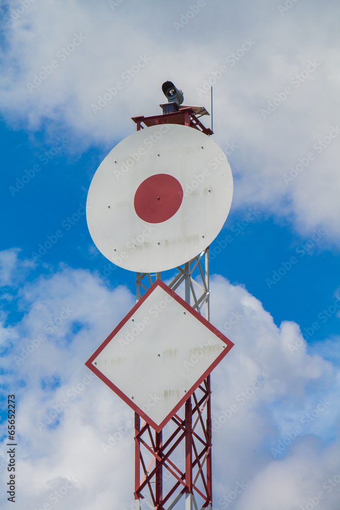 Warning signs for boats .beware the submarine power line under w Stock ...
