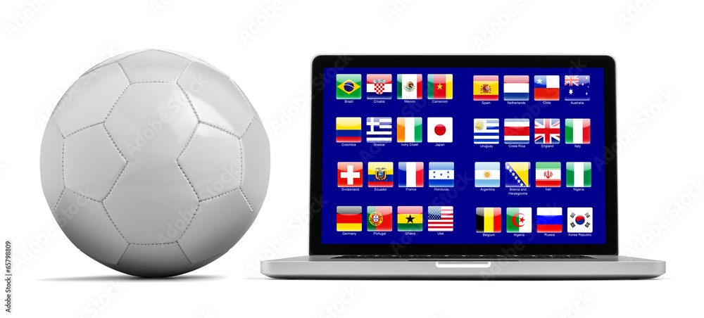 Laptop isolated on white with 32 countries flags as icons and bl Stock ...