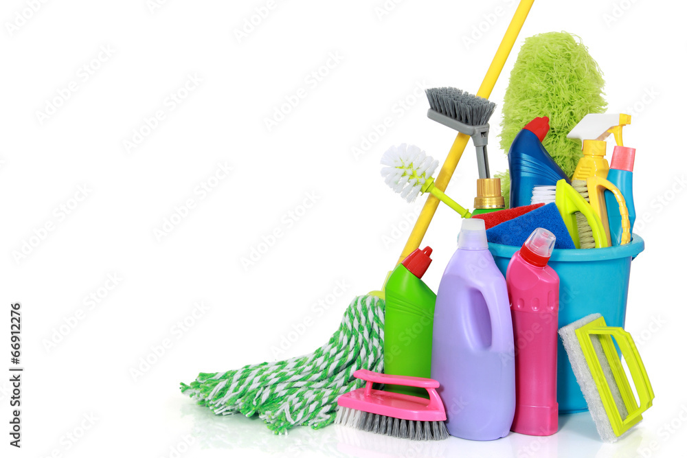 cleaning supplies in bucket Stock Photo | Adobe Stock