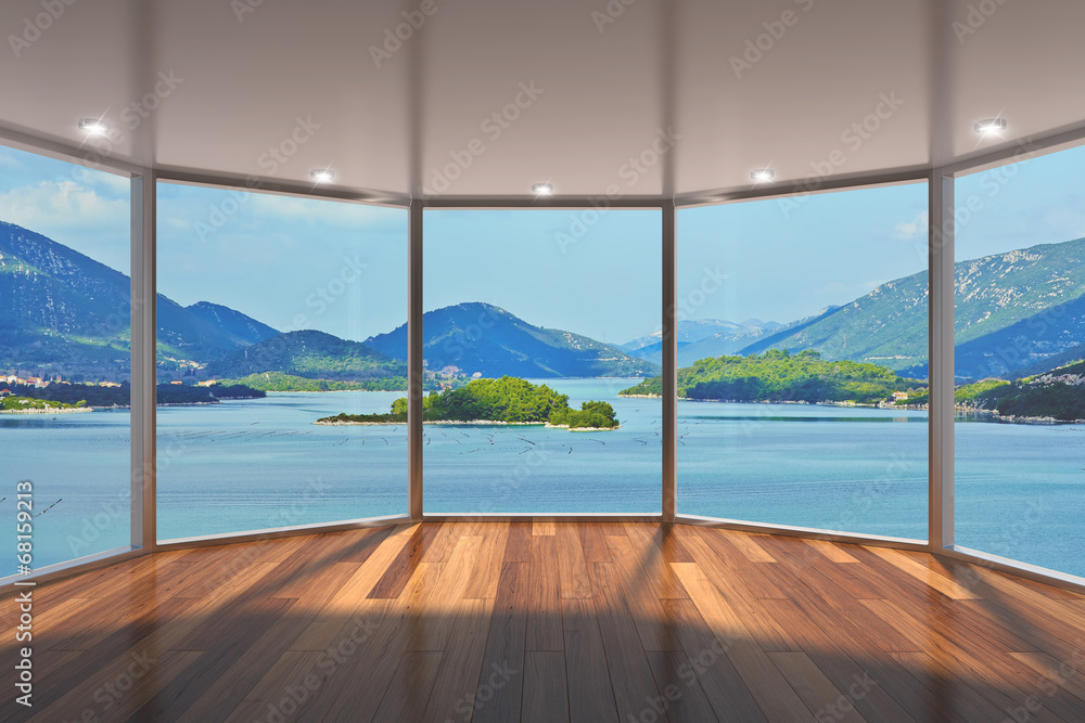 Empty modern lounge area with large bay window Stock Illustration ...