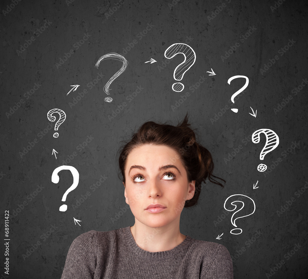 Young woman thinking with question mark circulation around her h Stock ...