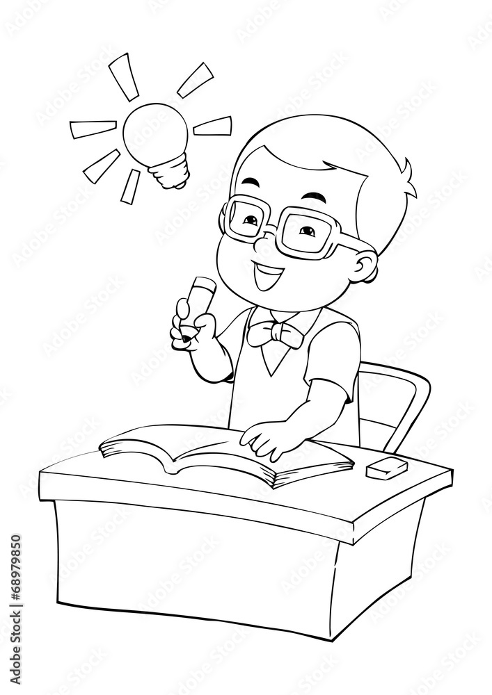 Outline illustration of a boy studying Stock Vector | Adobe Stock