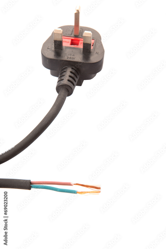 British Standard Three Pin AC Power Plugs And Exposed Wire Stock Photo ...