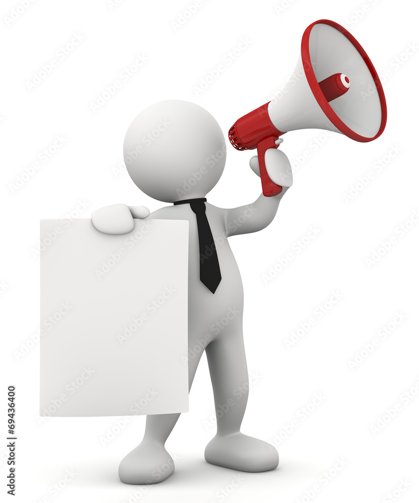 omino bianco con foglio e megafono Stock Illustration | Adobe Stock