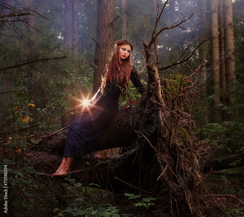 Beautiful witch sitting on a tree trunk in the forest Stock Photo ...