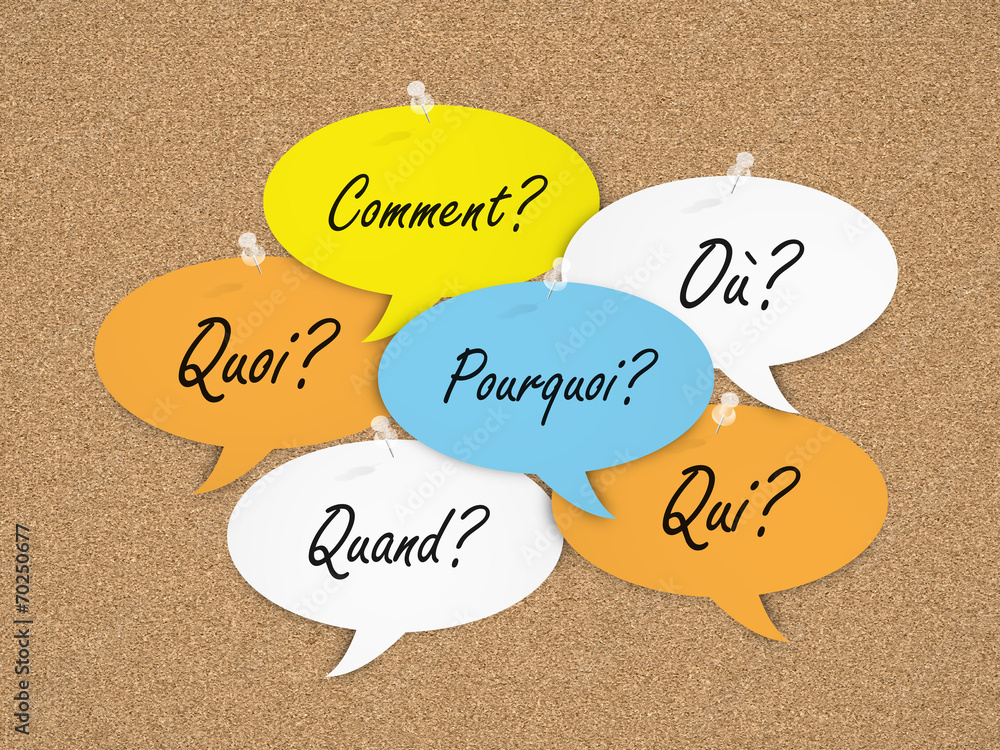 Ilustrace BULLES QUESTIONS (comment pourquoi combien quoi quand où qui ...