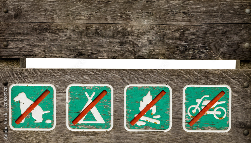 Wooden notice board with restriction signs stencilled onto it Stock ...