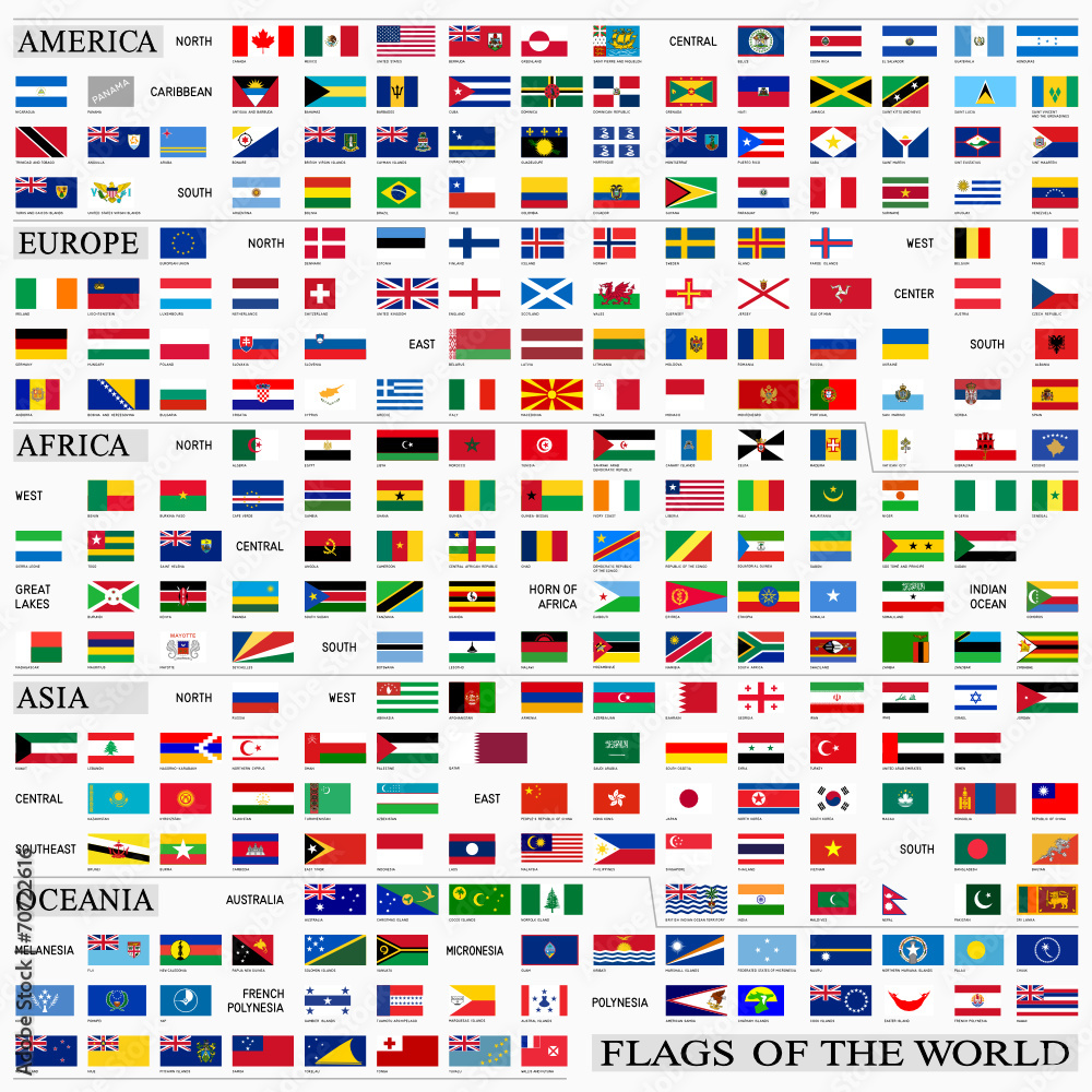 World flags with official proportions, by continents Stock Vector ...