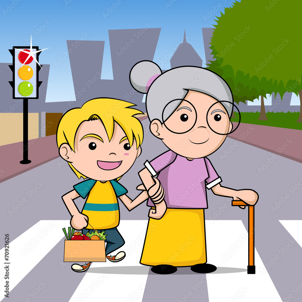 Children Helping The Elderly Cross The Road