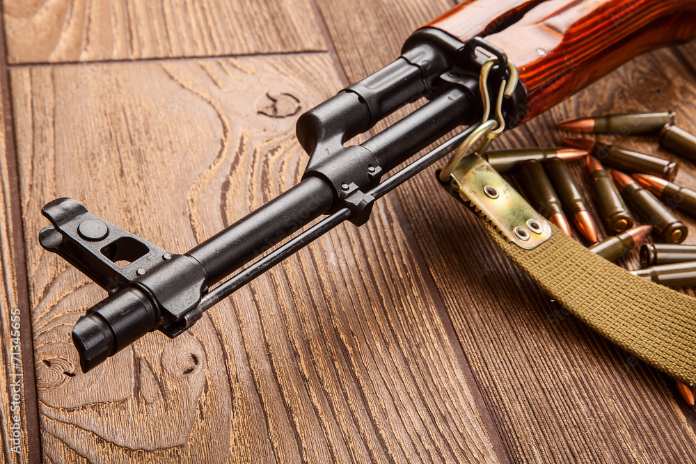 Kalashnikov assault rifles with ammunition Stock Photo | Adobe Stock