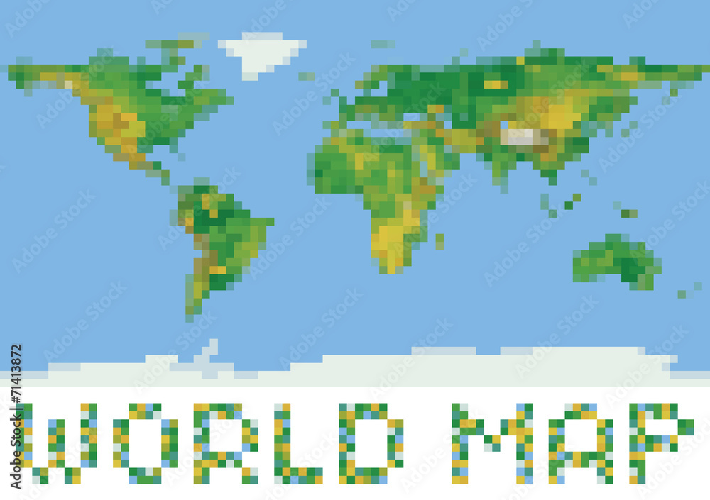 pixel art style world physical map with green and yellow relief Stock ...