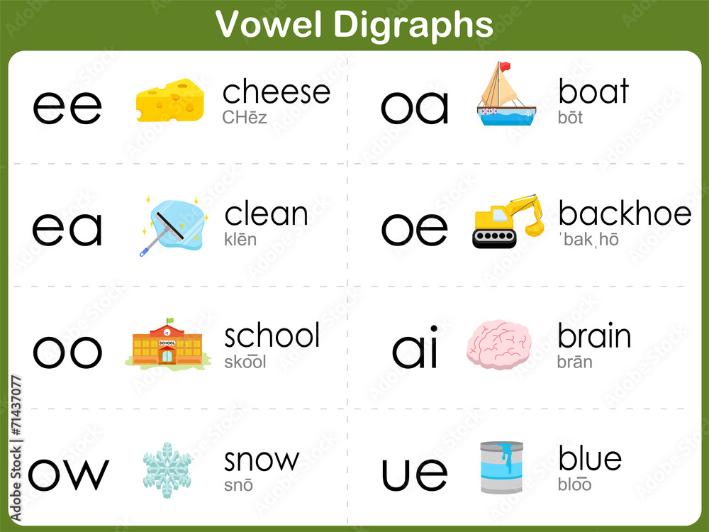 Vowel Digraphs Worksheet for kids Stock Vector | Adobe Stock