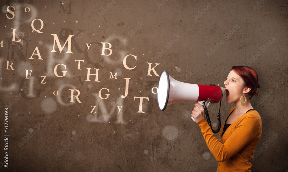 Young girl shouting into megaphone and text come out Stock Photo ...