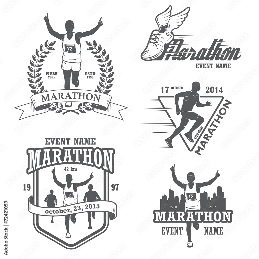 Set of running marathon and jogging emblems, labels and badges Stock ...