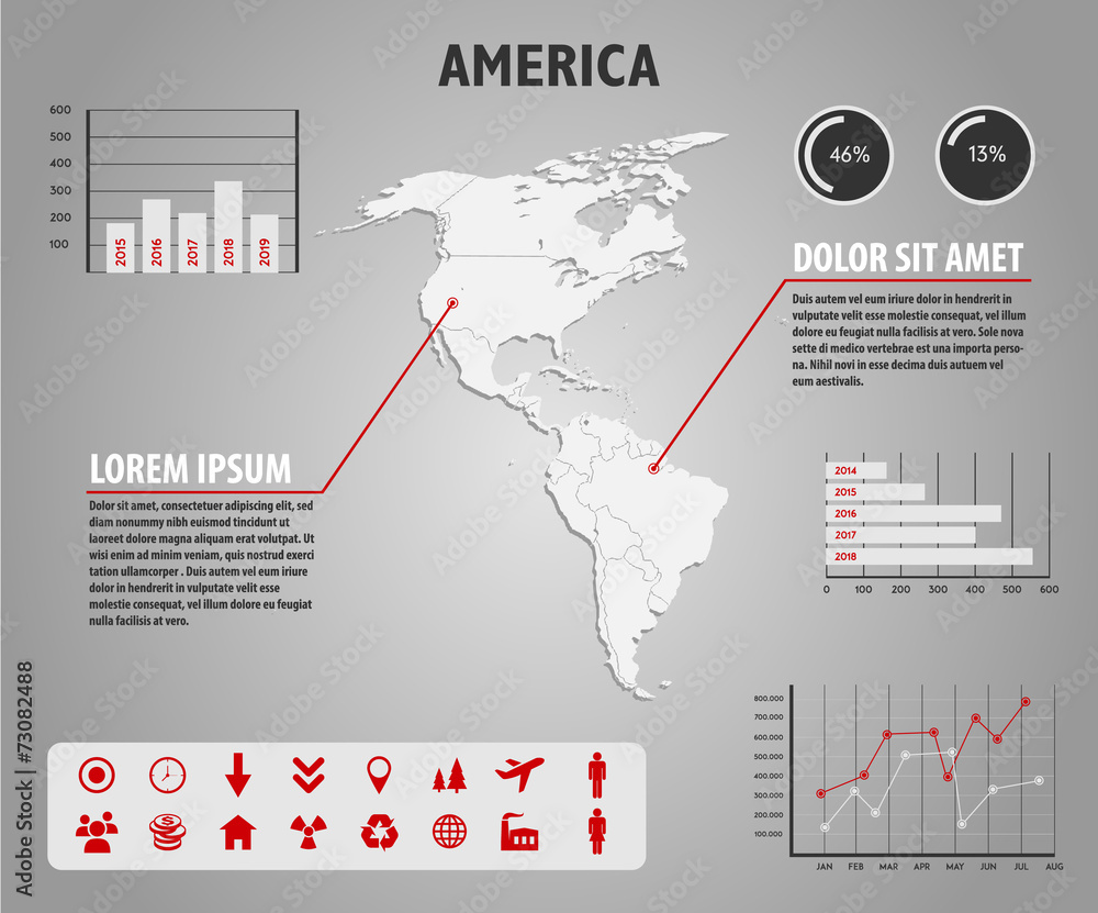 Map of America - infographic illustration with charts and icons Stock ...