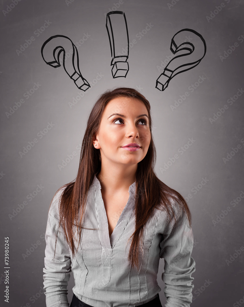 Young lady thinking with question marks overhead Stock Photo | Adobe Stock