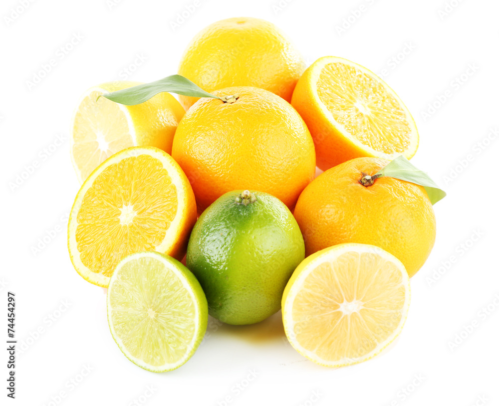 Ripe citrus with green leaves isolated on white Stock Photo | Adobe Stock