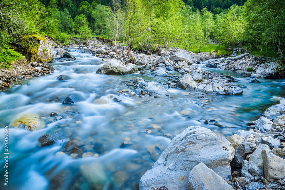 Fototapeta Płynący strumyk z kamieniami (74867196) - woda, strumyk ...