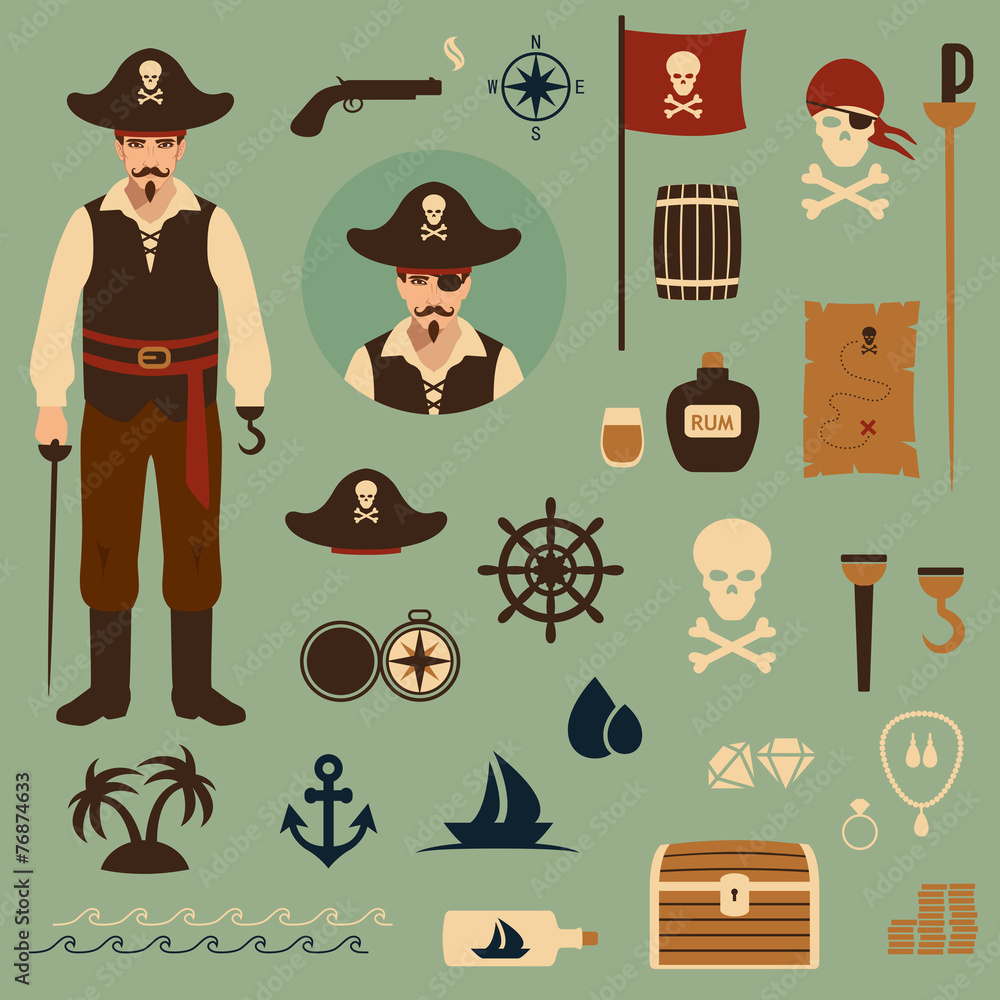 vector pirate set icons, treasure, map,skull illustration Stock Vector ...