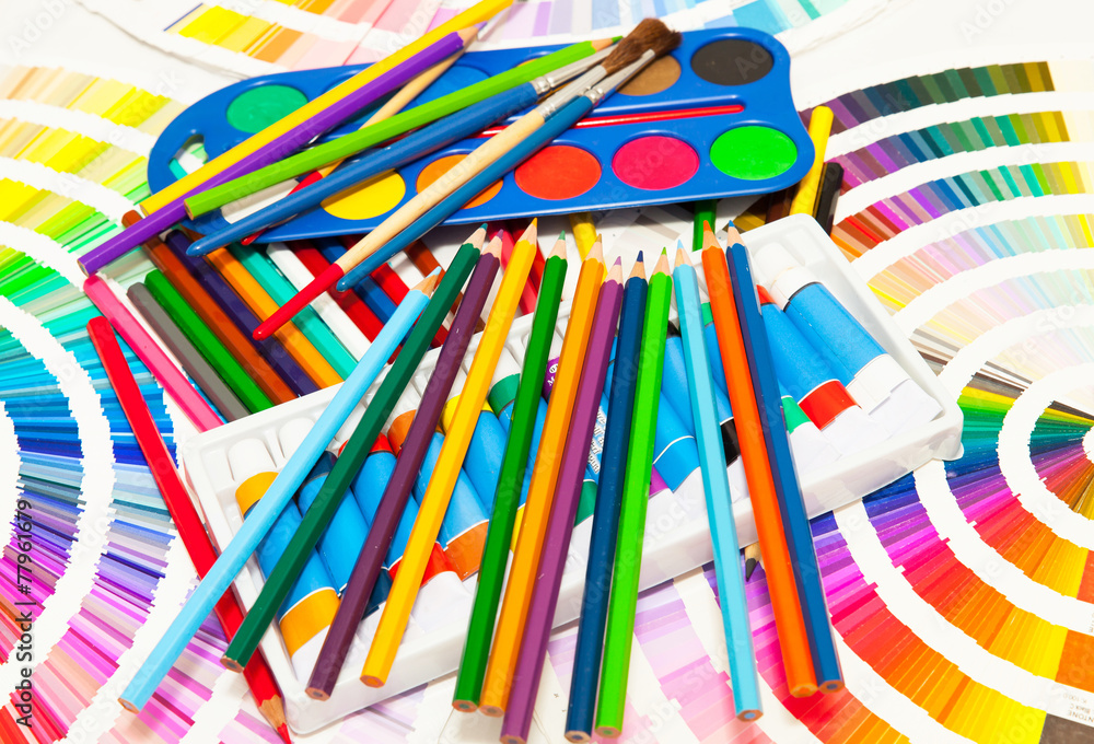 pencils, paint and color chart of all colors Stock Photo | Adobe Stock
