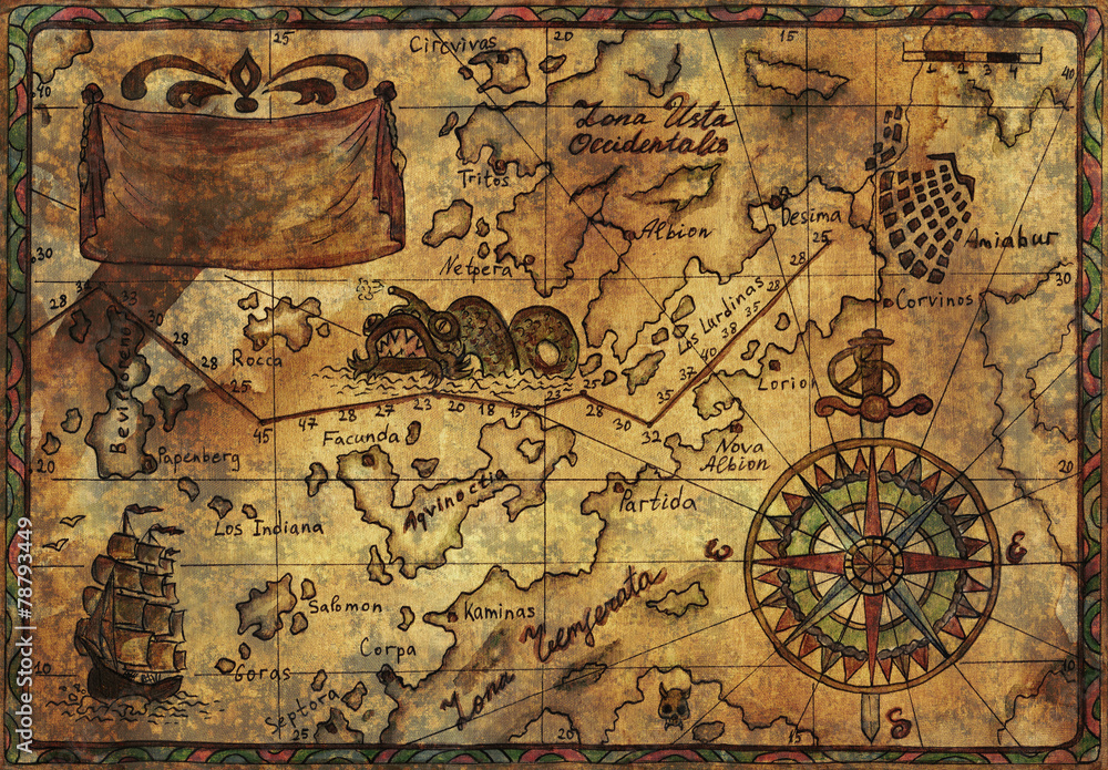 Hand drawn pirate map with old fabric texture Stock Illustration ...