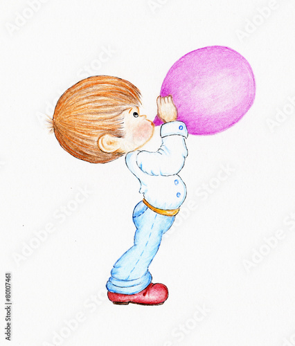 Little boy inflating balloon Stock Illustration | Adobe Stock