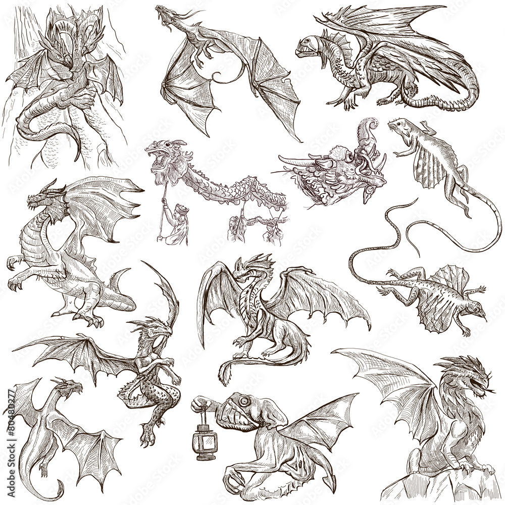 Dragons. An hand drawn freehand sketches. Originals. Stock Illustration ...