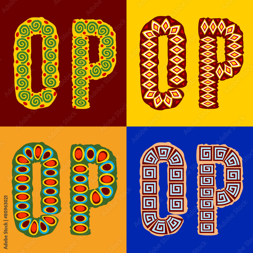 Vector set of ethnic font with african ornament. Letters O P Stock ...
