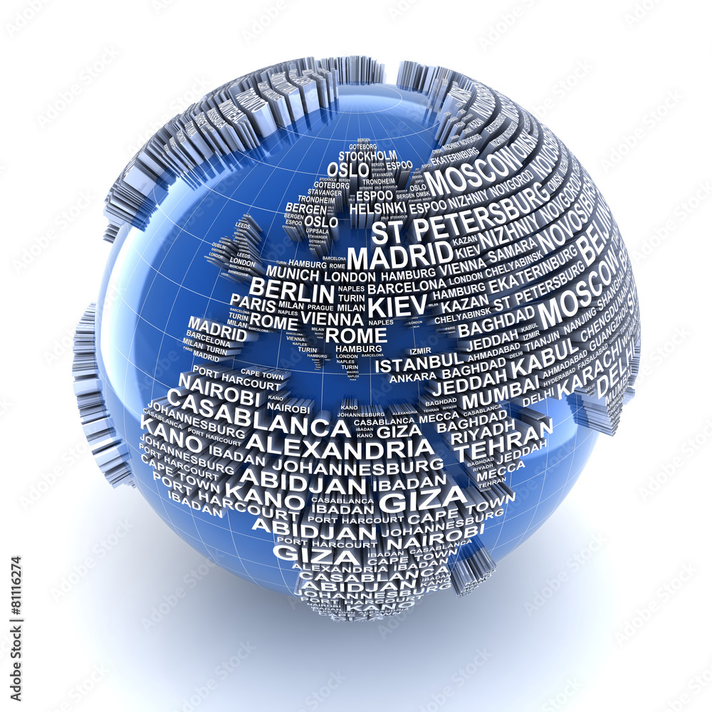 Earth with names of major cities in the world Stock Illustration ...