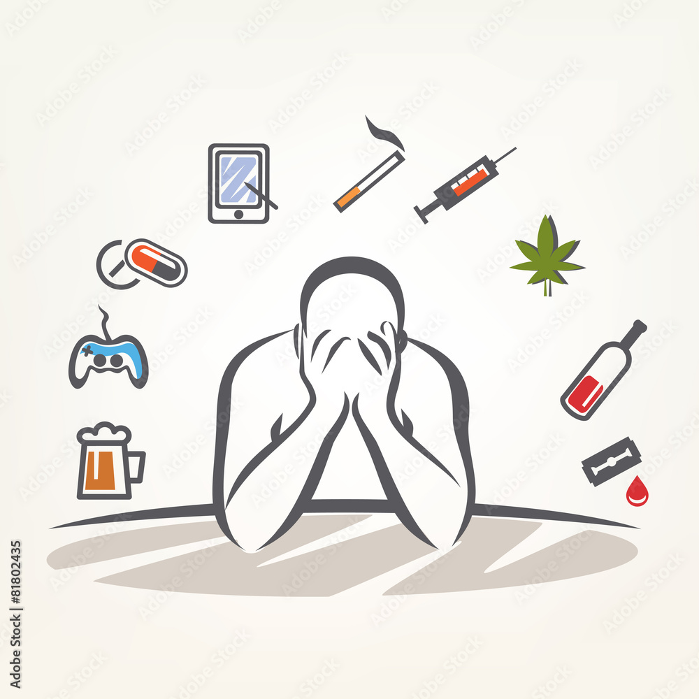 addict man and set of addiction symbols, outlined vector sketch Stock ...