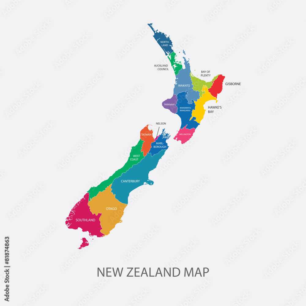 New Zealand Map Color regions flat design illustration vector Stock ...