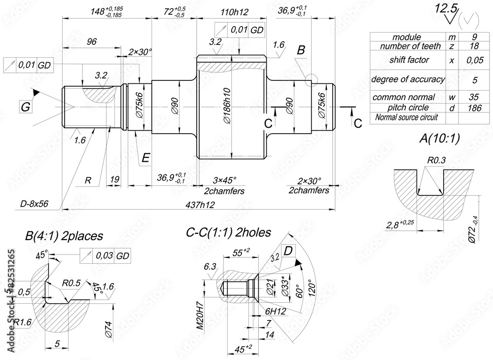 Shaft sketch with hatching. Engineering drawing Stock Vector | Adobe Stock