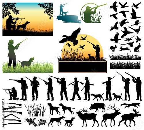 Hunting silhouettes and labels vector set Stock Vector | Adobe Stock