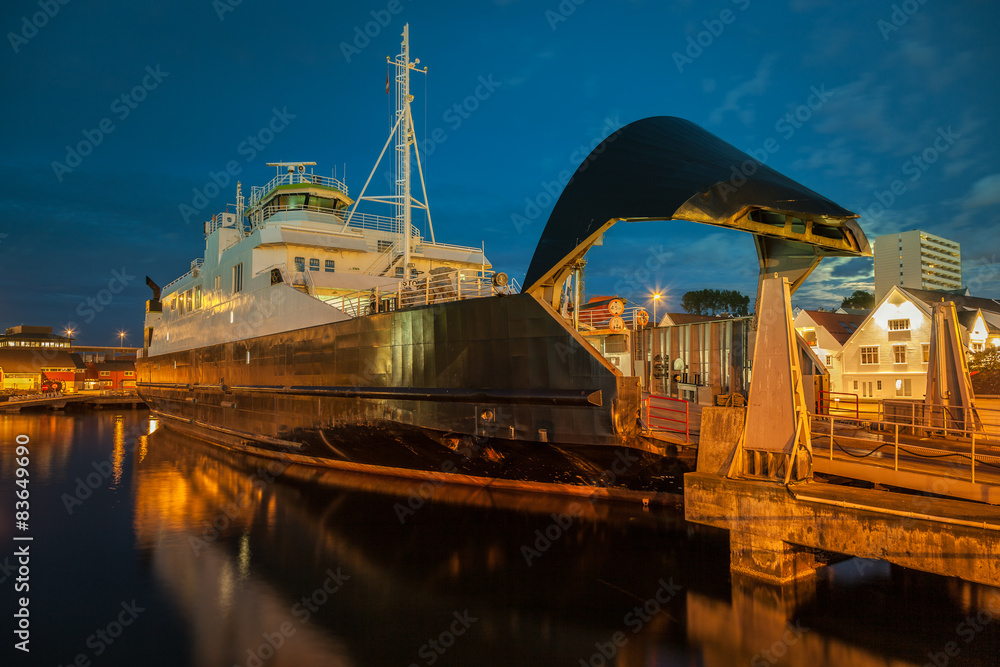 Car ferry boat with door open at night in Stavanger, Norway Stock Photo ...