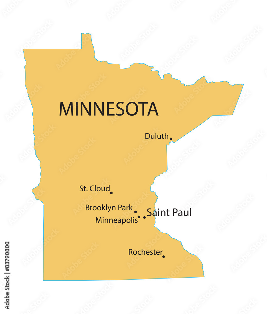 yellow map of Minnesota with indication of largest cities Stock Vector ...