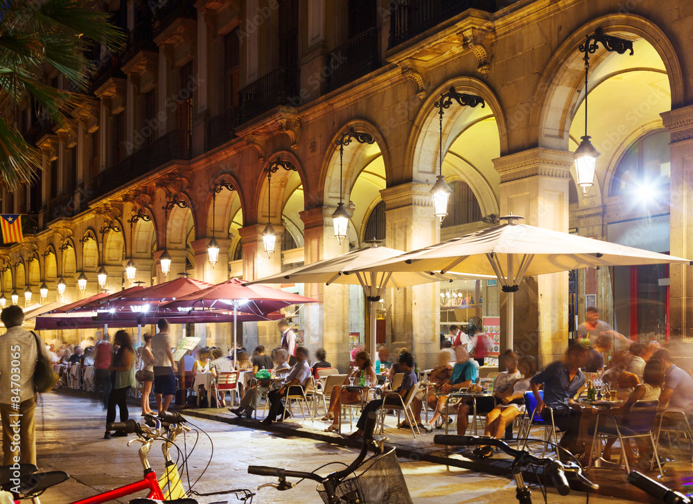 Outdoor restaurants at Placa Reial in night. Barcelona Stock Photo ...