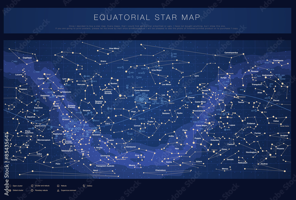 High detailed star map with names of stars, contellations and Messier ...