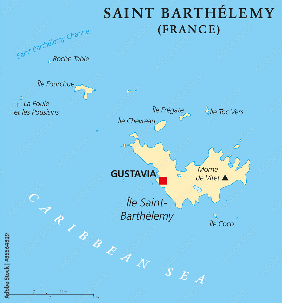 Saint Barthelemy political map with capital Gustavia, also called St ...