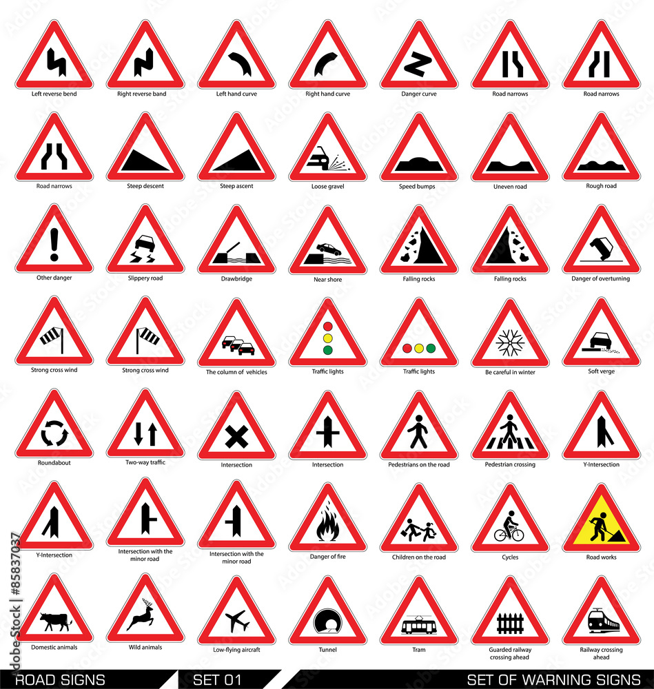 Set of warning road signs. Collection of triangular warning traffic ...